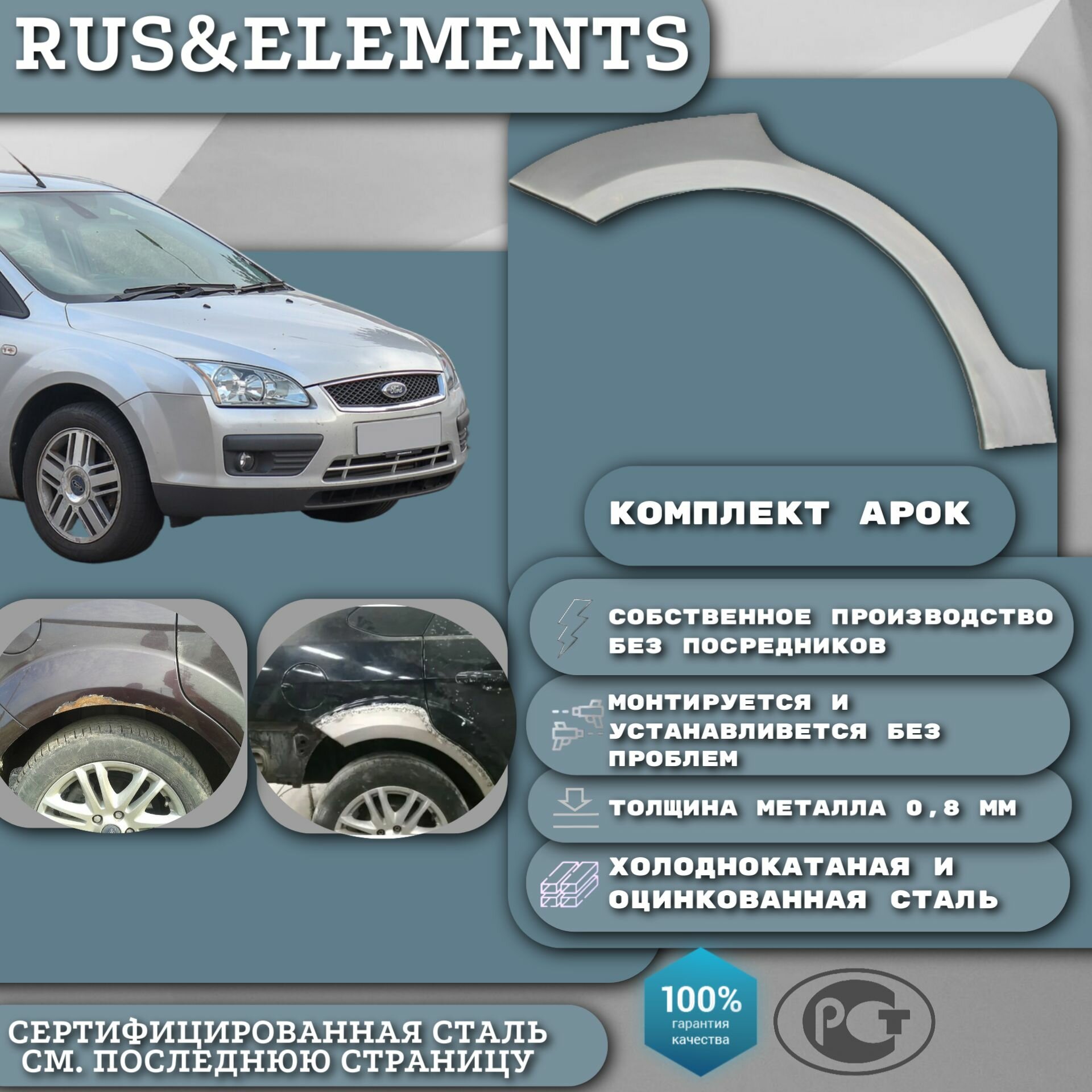 Комплект ремонтных арок для автомобиля Ford Focus 2 (Форд Фокус 2 Седан) холоднокатаная сталь 0,8 мм