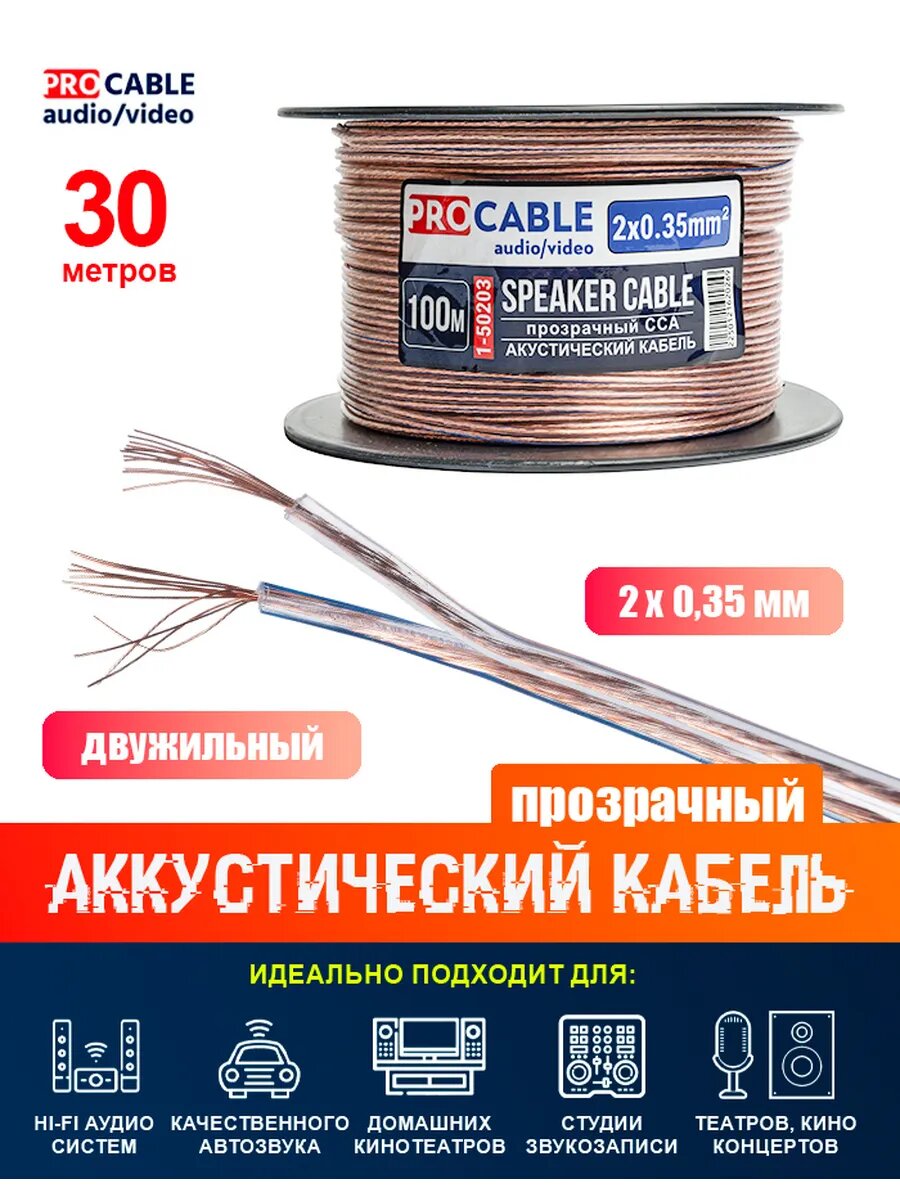 Акустический кабель Procable, 2x0.35мм², ССА, прозрачный, длина 30м