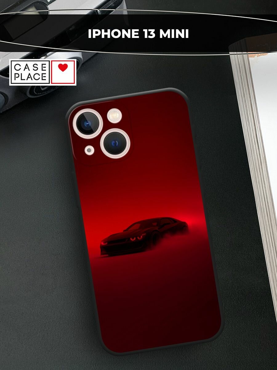Черный матовый чехол на Apple iPhone 13 mini / Айфон 13 мини с принтом Машина на красном фоне