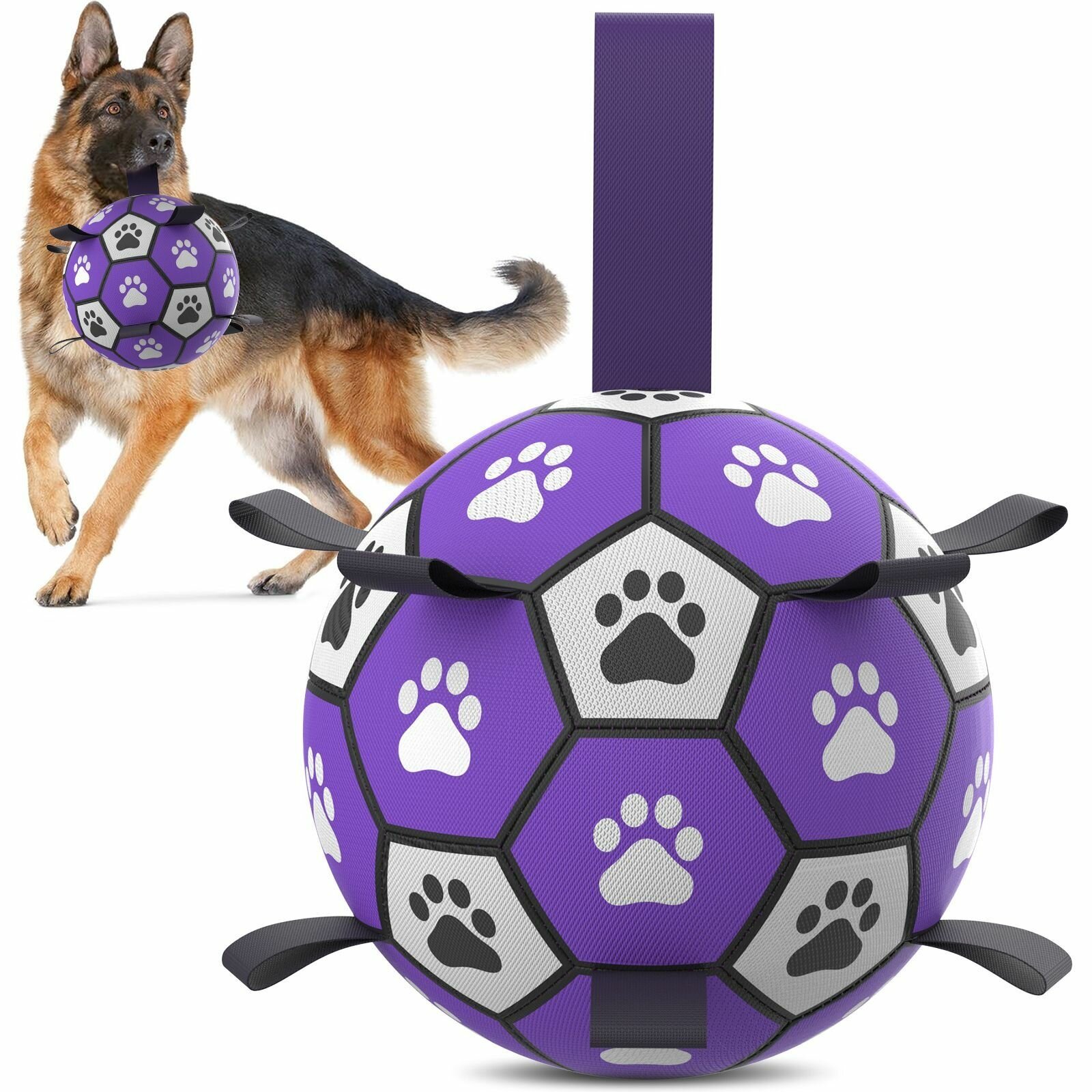 Qdan Игрушечный футбольный мяч для собак с 9 лентами и ручным надувным устройством - Фиолетовый и черный