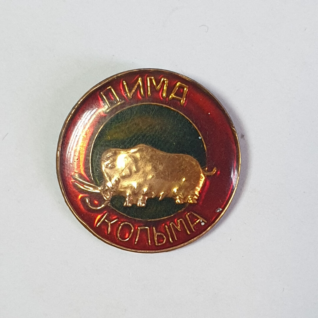 Значок СССР, Дима Колыма с изображением мамонта, красный, круглый, металл, советский и винтажный.