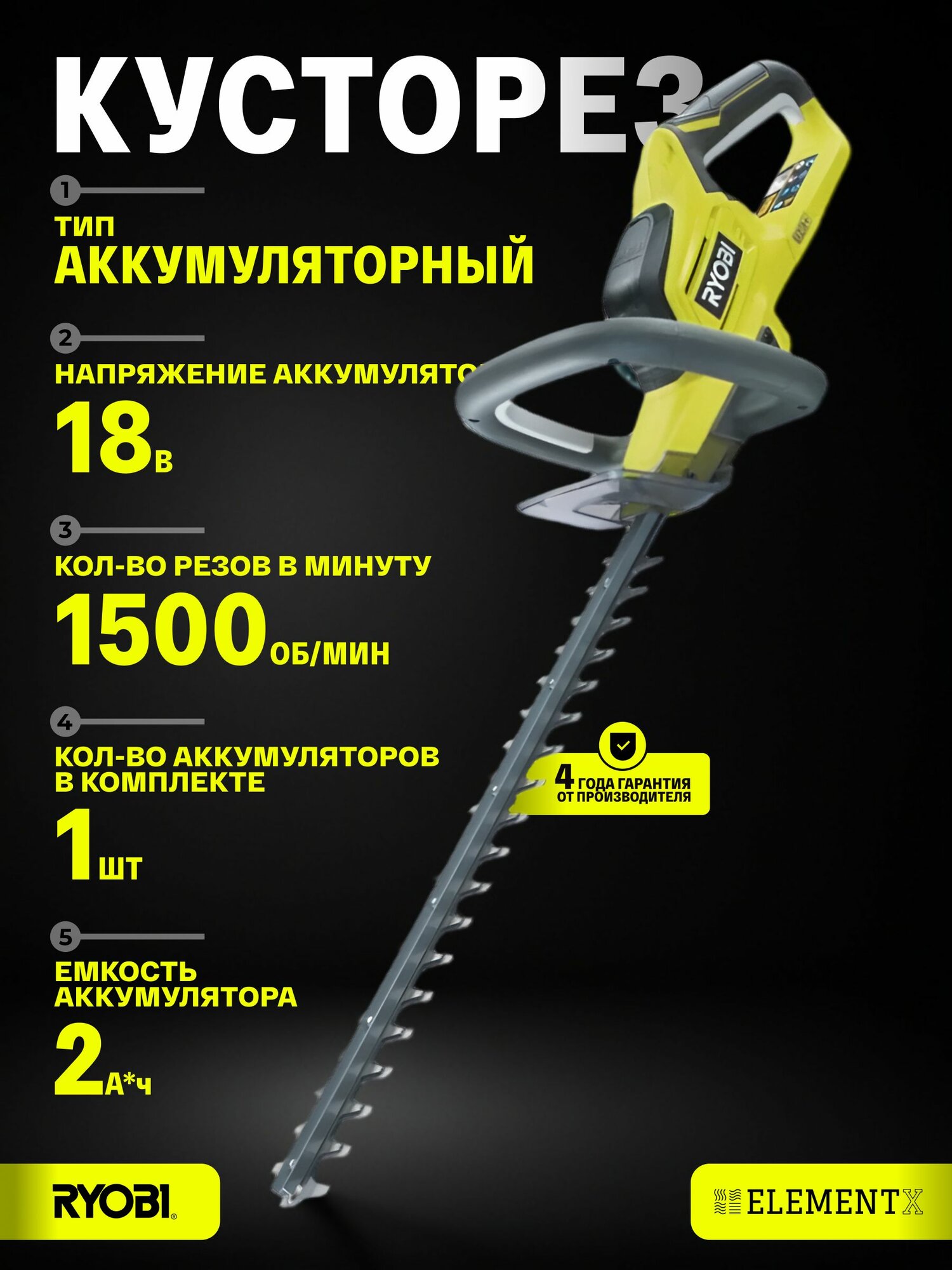 Аккумуляторный кусторез Ryobi ONE+ RHT184520 5133003655