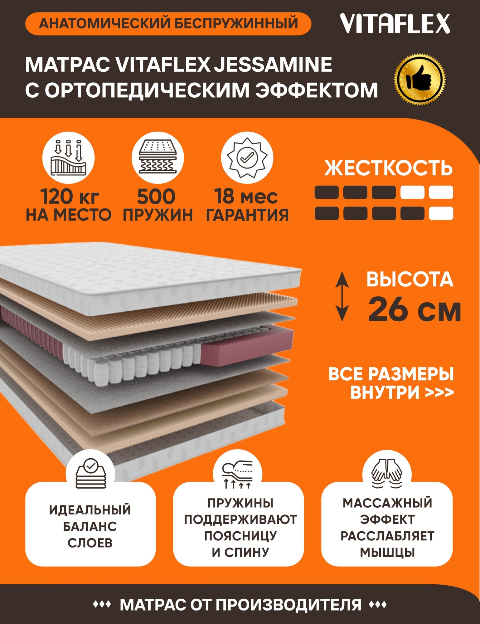Матрас Vitaflex Jessamine 180х200 серии Lux, высота 26 см, анатомический средней жесткости кокосовый Независимые пружины