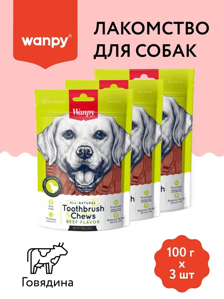 Лакомство для собак Wanpy Dog Зубные щетки со вкусом говядины, 3 шт х 100 гр