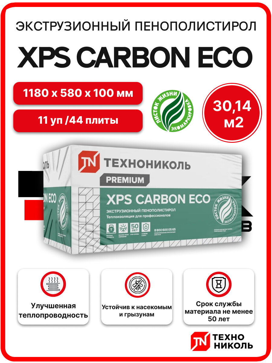 Технониколь XPS Carbon Eco 100 мм (11уп / 30,14м2/ 44плиты) утеплитель из пенополистирола для стен, балкона, крыши, пола
