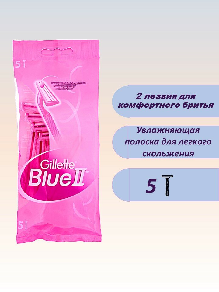 Станок одноразовый женский Gillette Blue II, 2 лезвия, розовый, 5 шт