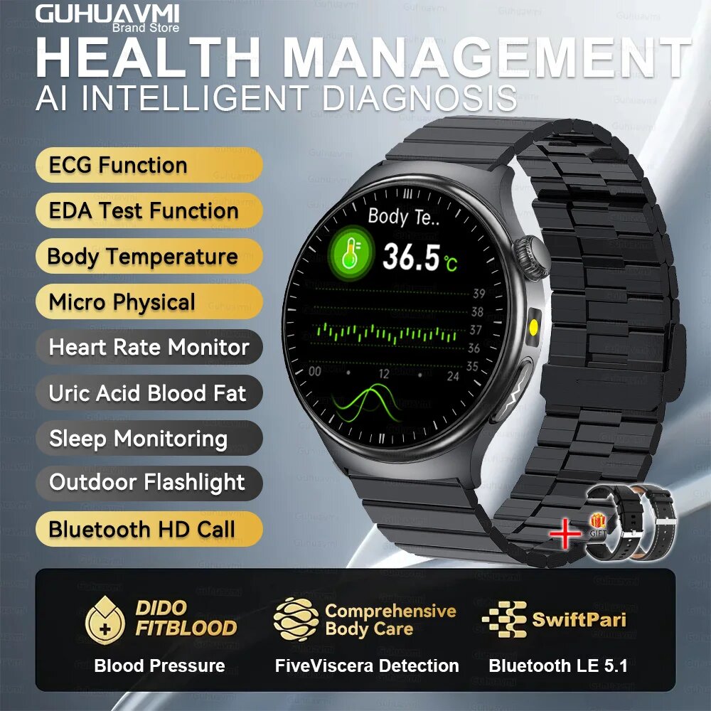 Smart Watch Men ECG+PPG Blood Pressure Uric Acid IOS Black Steel B 2A