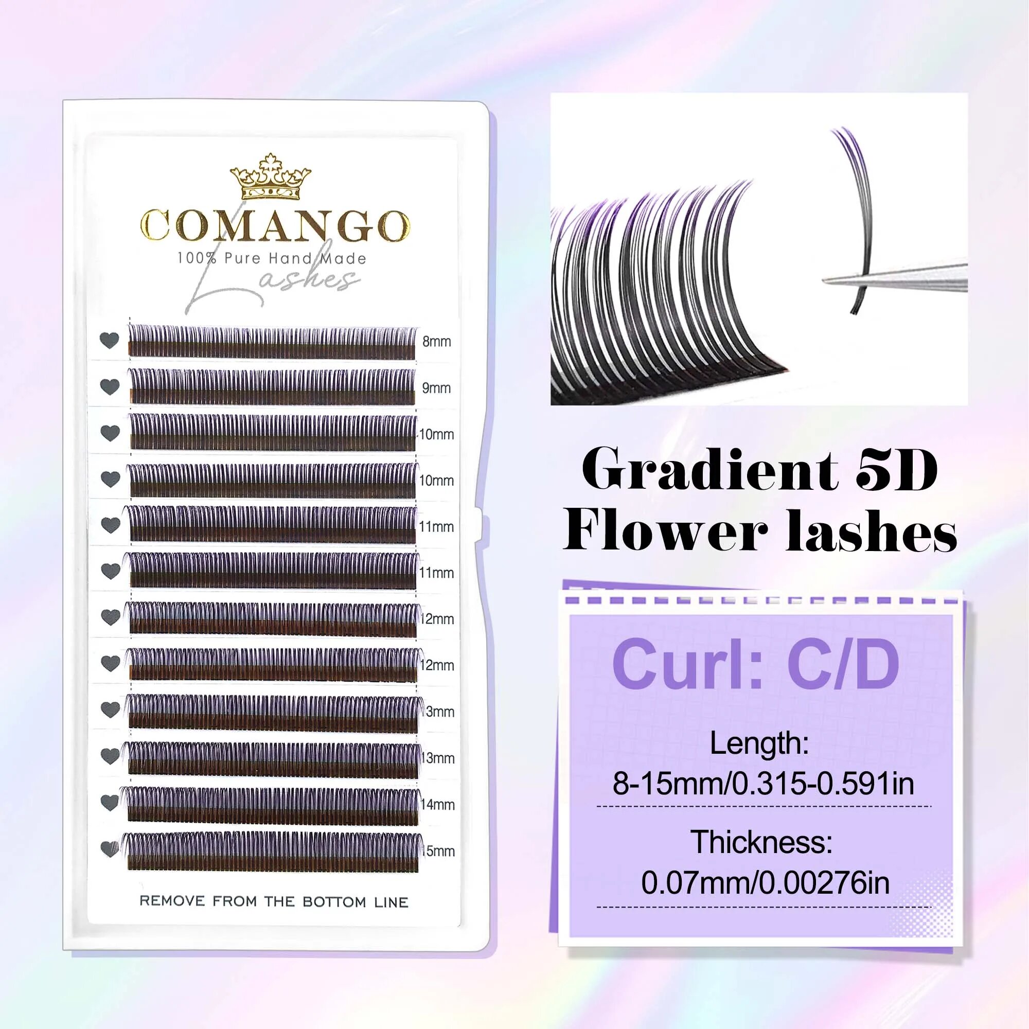 CoMango 5D Flower lashes, C/D, 8-15mm, 0.07mm, omber black purple
