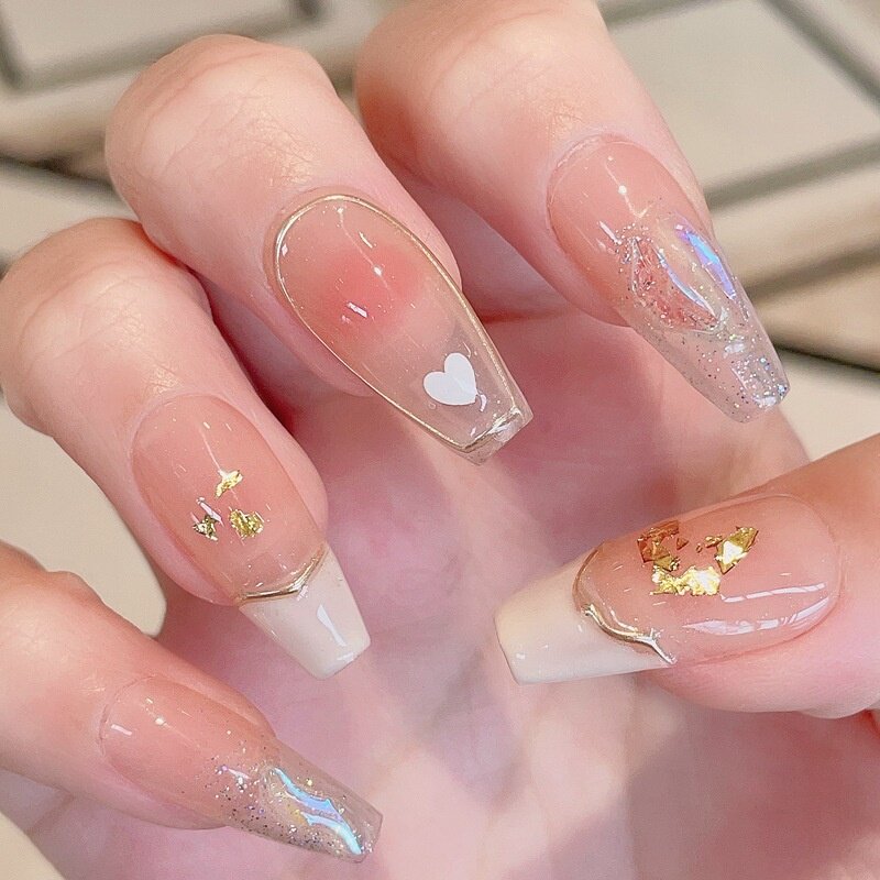 Ручные аксессуары для маникюра в осенне-зимнем стиле, французский дизайн, сердечки из микы, короткая длина, Стиль B-S