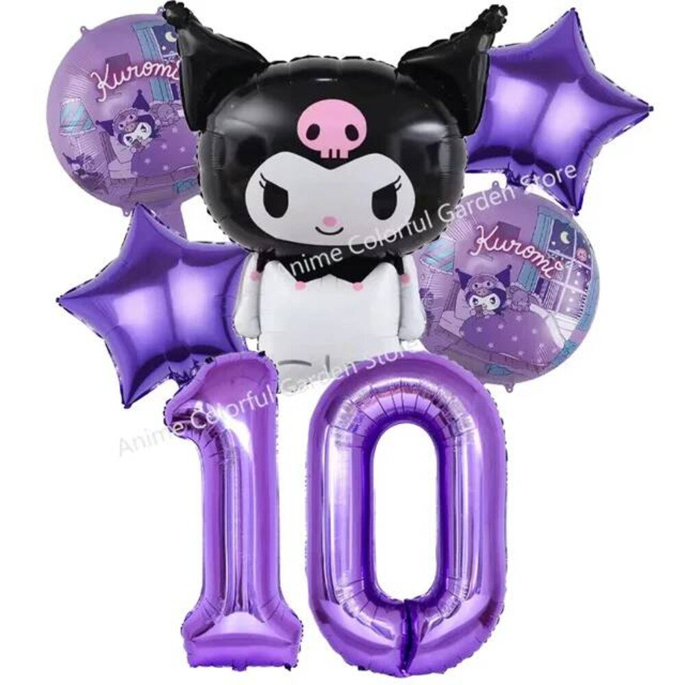 Набор из 6 воздушных шаров Sanrio Kuromi для детей, аниме, мультфильм, милые воздушные шары с цифрами от 1 до 10, для мальчиков и девочек, для украшения вечеринки.