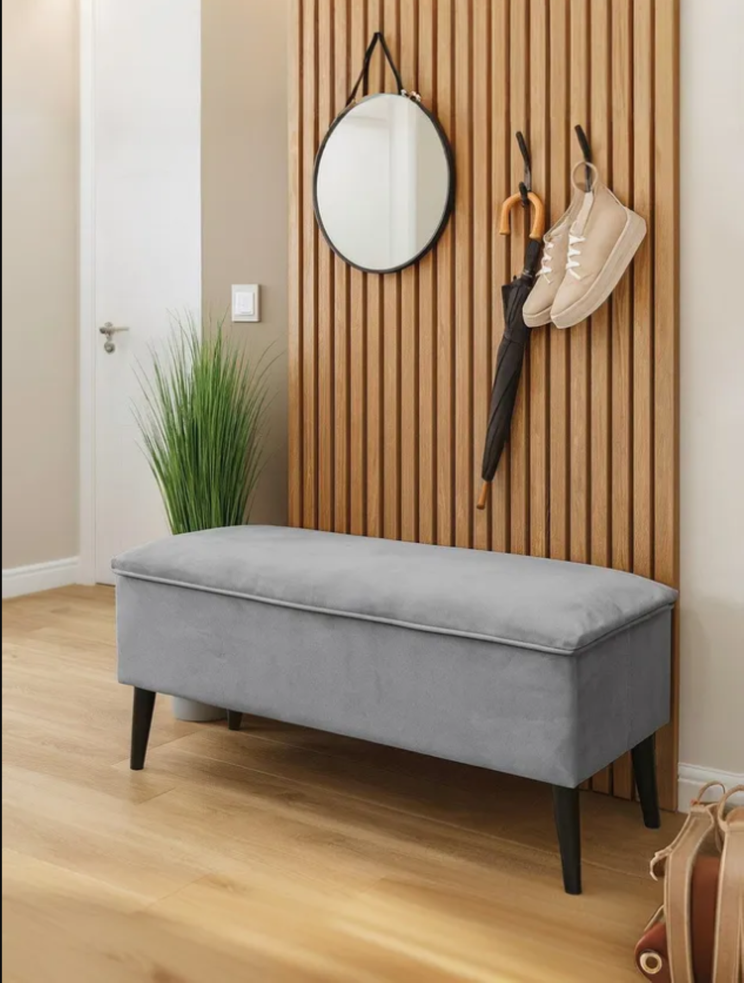 Мягкая банкетка и пуф, диван, с ящиком для хранения обуви и мелочи, серая, велюр