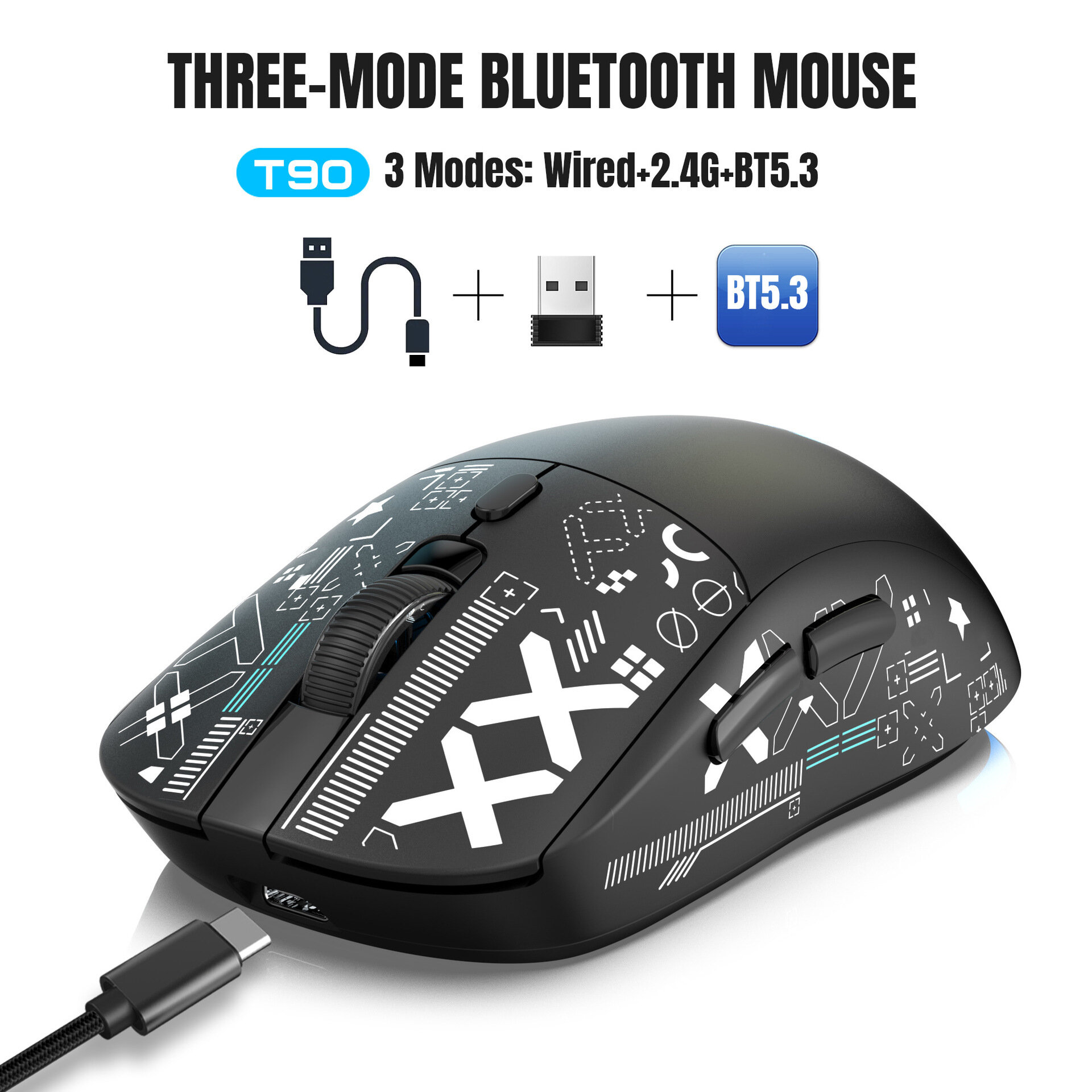 Беспроводная игровая мышь HXSJ T90, трёхрежимная (2.4G/USB/Bluetooth 5.3), тихая, 3600 DPI, перезаряжаемая, эргономичная для ПК и ноутбука