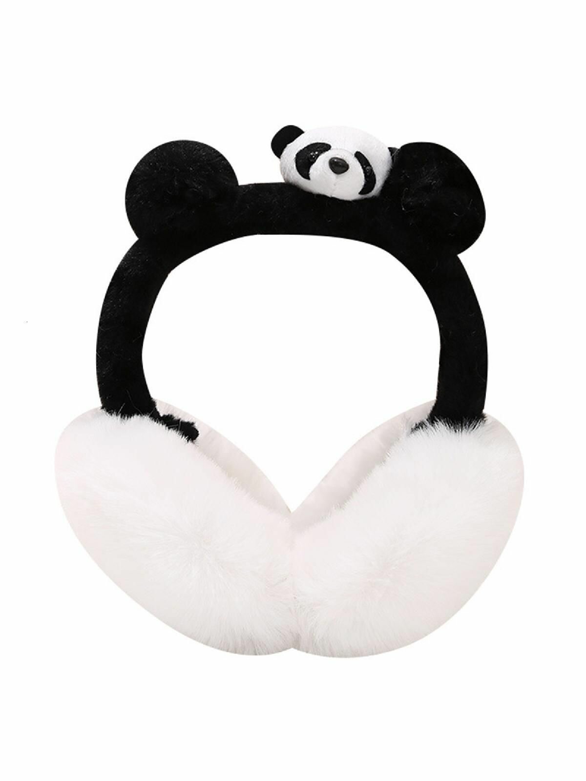 Наушники меховые, Детские плюшевые наушники с Милой пандой_Белый