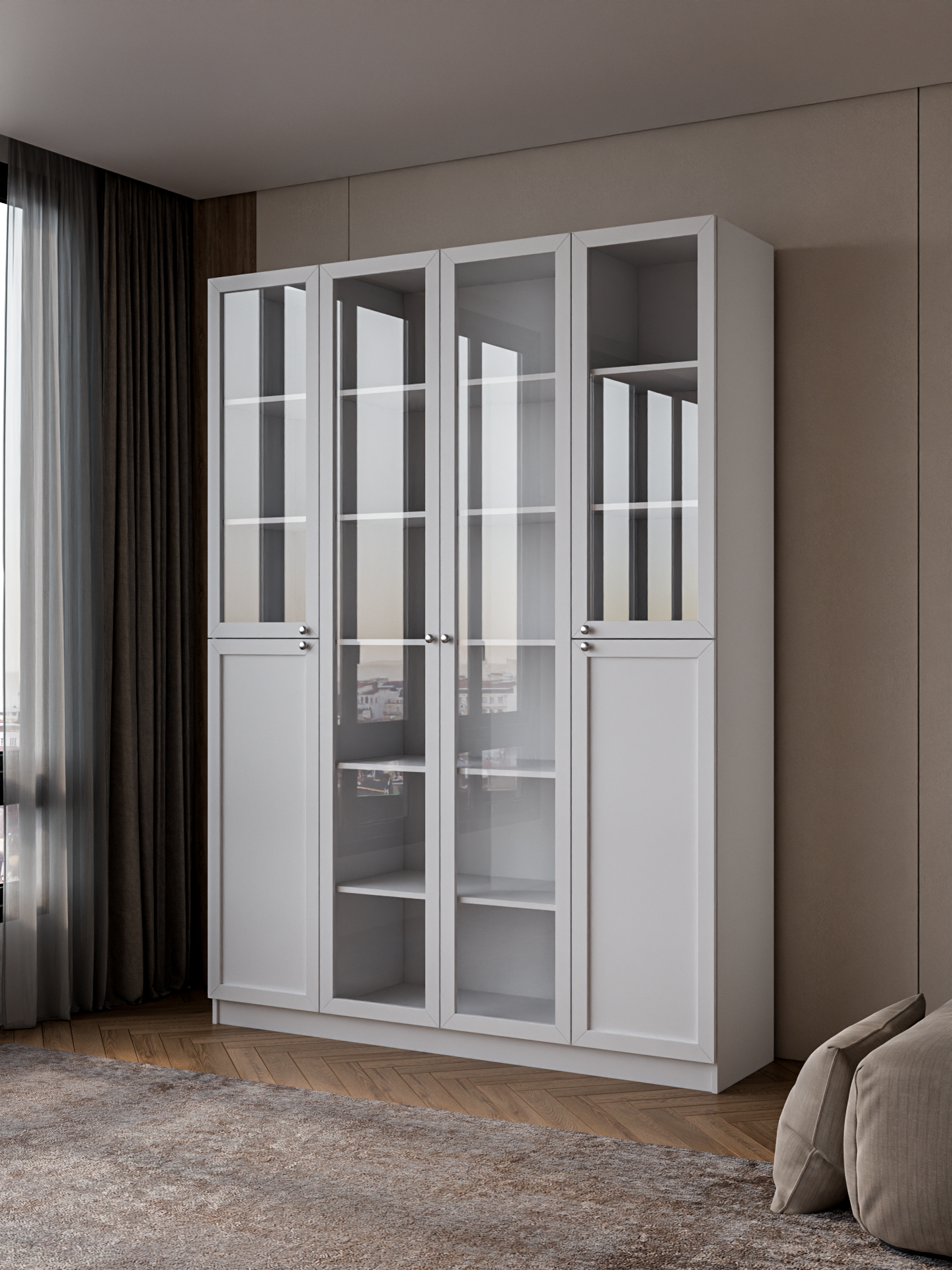 Шкаф книжный Анталия | Корпус ЛДСП Белый| Фасад рамка Белая | Ручка кнопка серебро