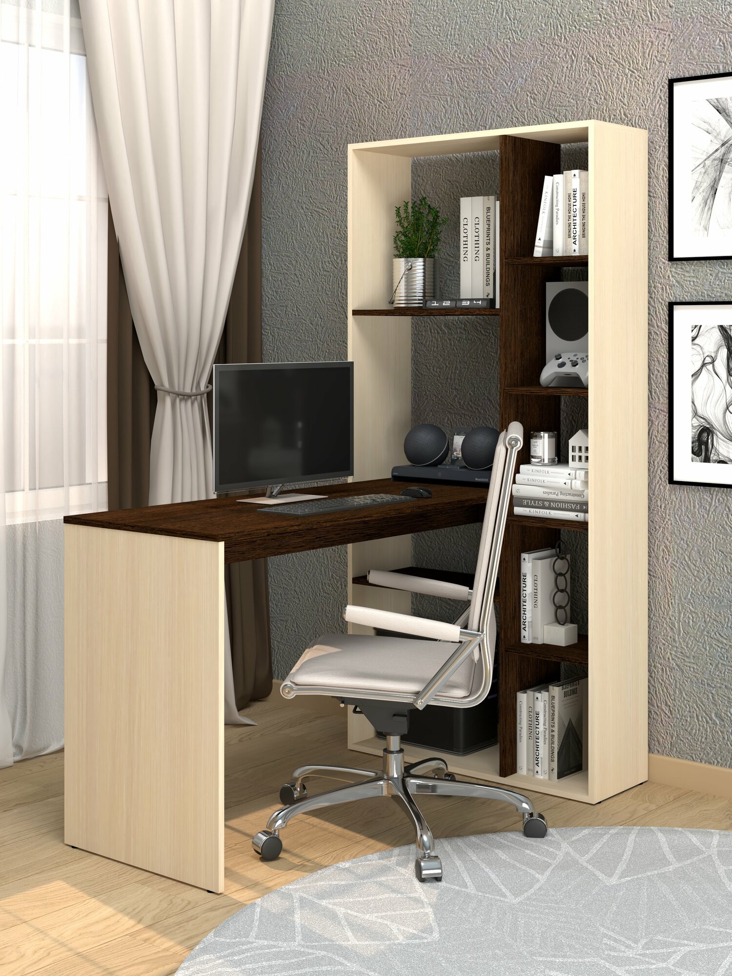 Есэндвич Лаворо 13 Компьютерный стол со стеллажом 130х170х80 см (Венге/Выбеленный Дуб)