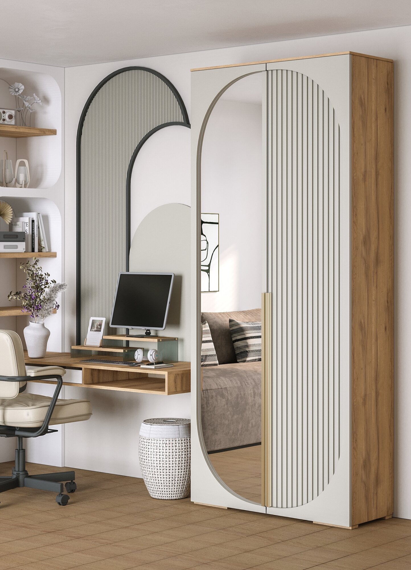 Шкаф распашной Брей-1.1 Кашемир/Дуб Золотистый для одежды с зеркалом двухдверный 100*200*50