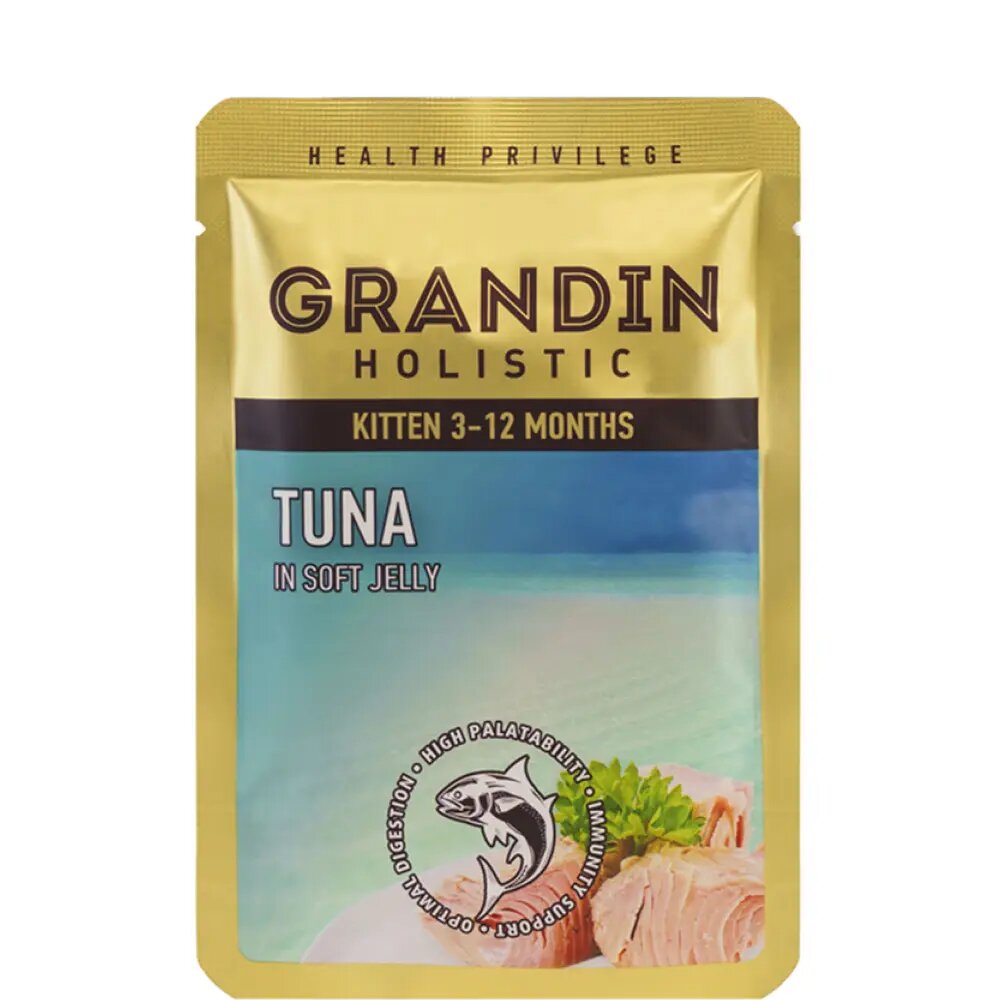 Grandin, Holistic, Kitten, Влажный корм (пауч), для котят, "тунец в нежном желе" 14шт