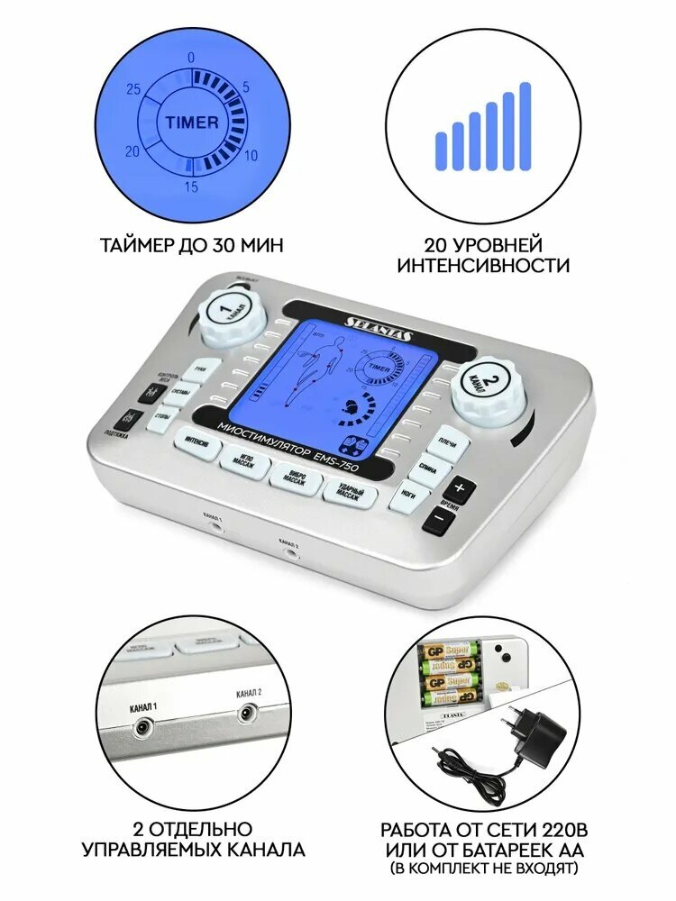 PLANTA Массажер - миостимулятор EMS-750, 8 электродов, пояс, наколенник и тапочки в комплекте, ЖК дисплей, установка времени массажа и функция энергосбережения, работает от сети или батареек