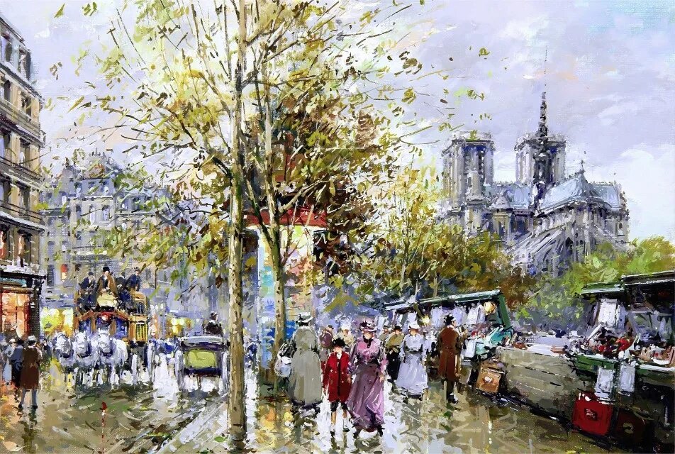 Ретро картина "Цветочный рынок, Париж" на холсте 3, 40X50cm Unframed