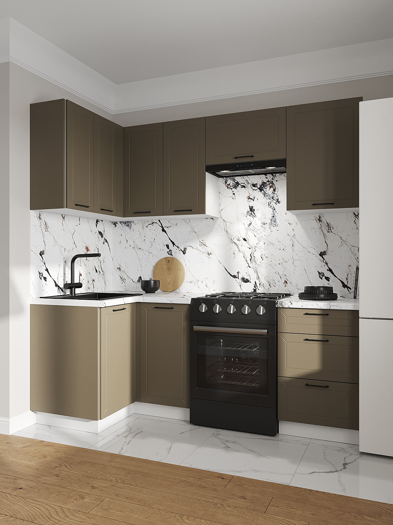 Кухонный гарнитур Сектор 2.1х1 м, мебель для дома и кухни, с антресолью, Белый / Базальт