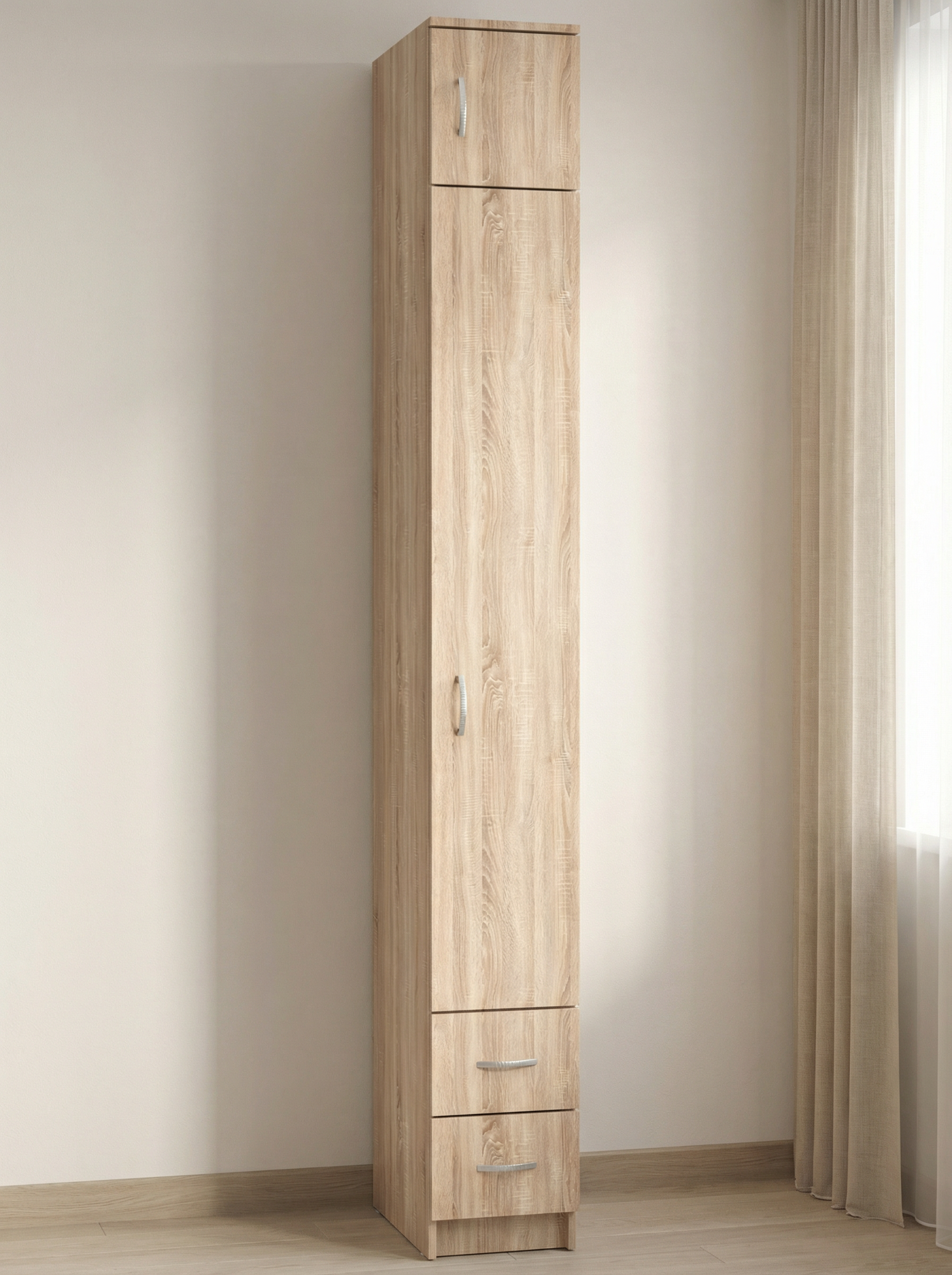 Узкий шкаф-пенал с антресолью и ящиками Шелли-19А, ШхГхВ: 30х50х240 см