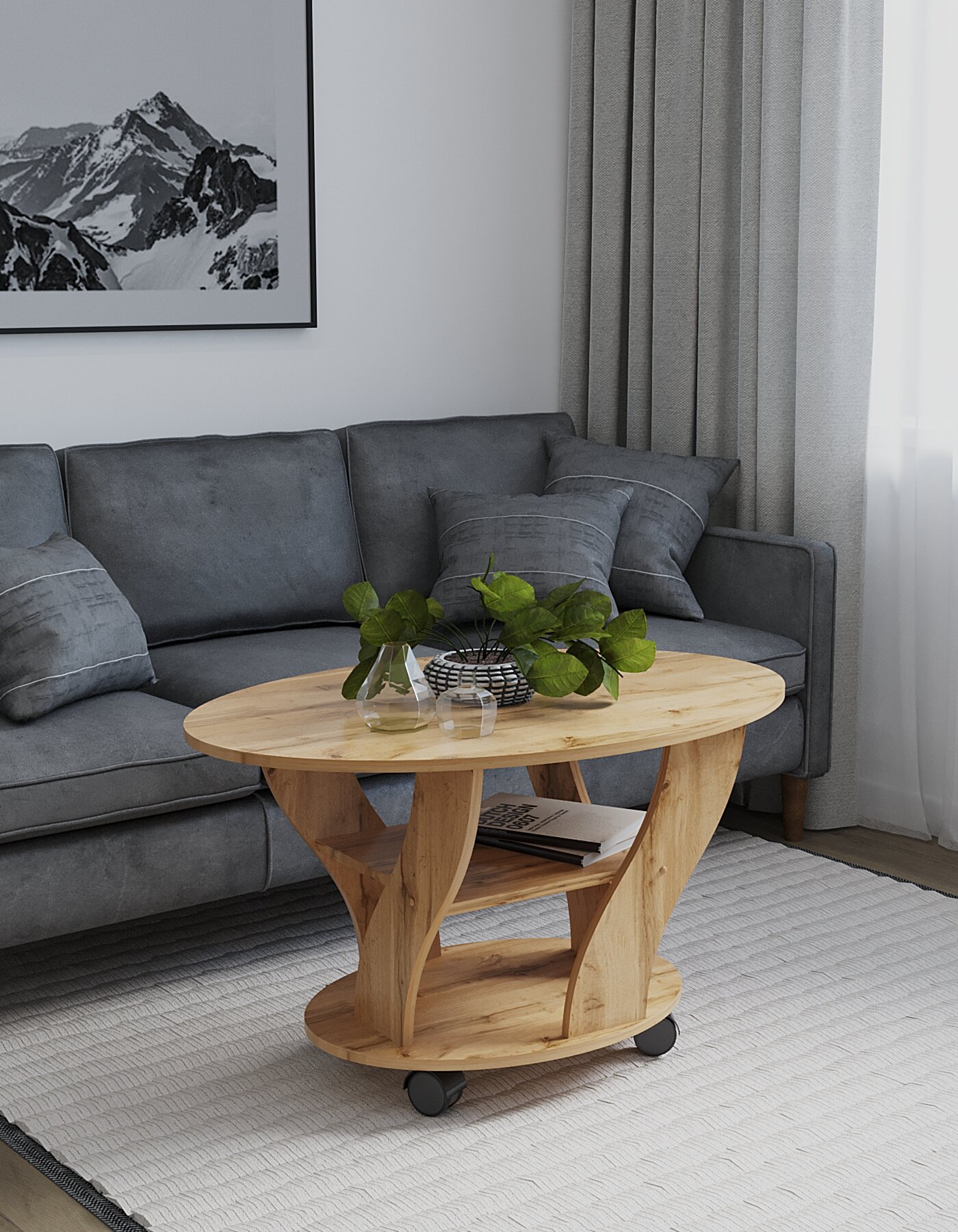 Стол журнальный с овальной столешницей и полкой, на колесиках, дуб вотан