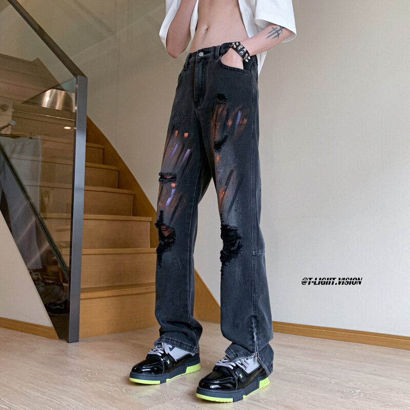 JYL Джинсы Мужские Рваные Осенние Стильные Атмосферные Винтажные Прямые Расшитые Деним, Размер_XL