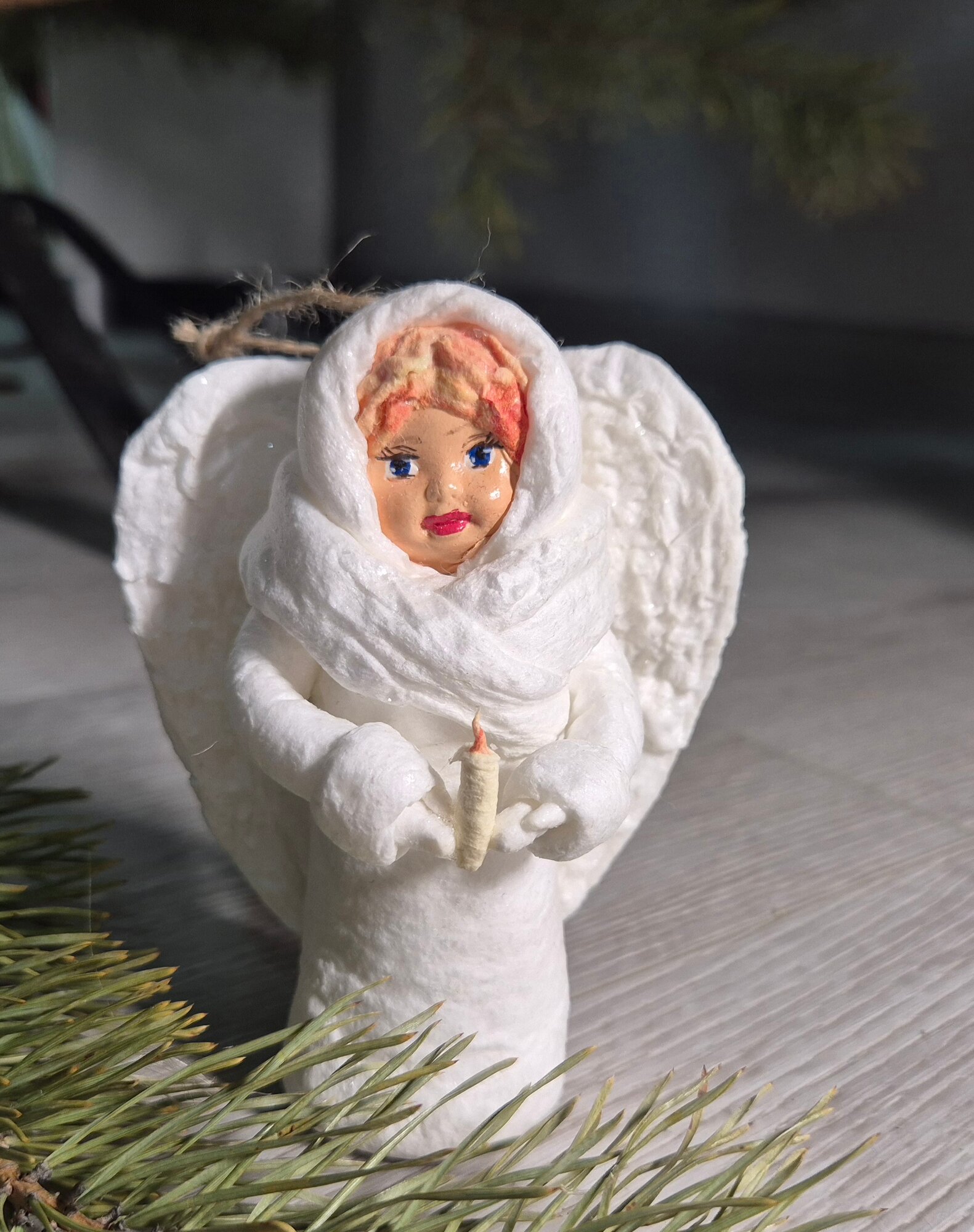 Ватная елочная игрушка ангел со свечой