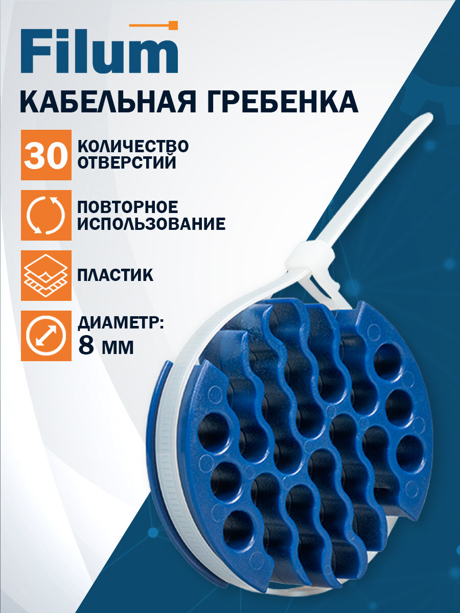 Кабельная гребенка Filum FL-CM-6-30-BL 30 отверстий, Cat 6, со съемной/многоразовой кабельной стяжкой, синий