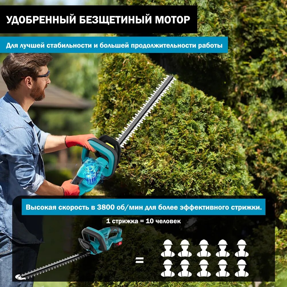 SUNUP ProTrim-800 Аккумуляторный кусторез для живой изгороди 800W 3800 об/мин, 2 аккумулятора, 4000mAh x2, двусторонний нож, 15мм — фото 1