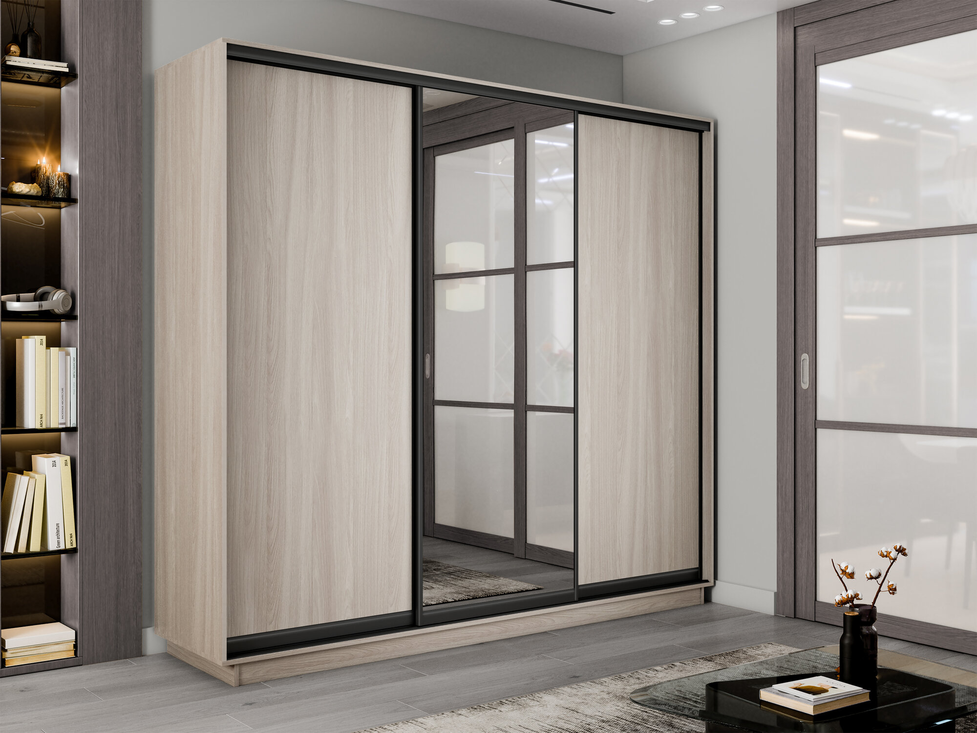 Шкаф купе Вилли 3-х дверный ЛДСП с зеркалом, профиль черный 210 см х 220 см х 60 см (Ясень шимо-светлый)