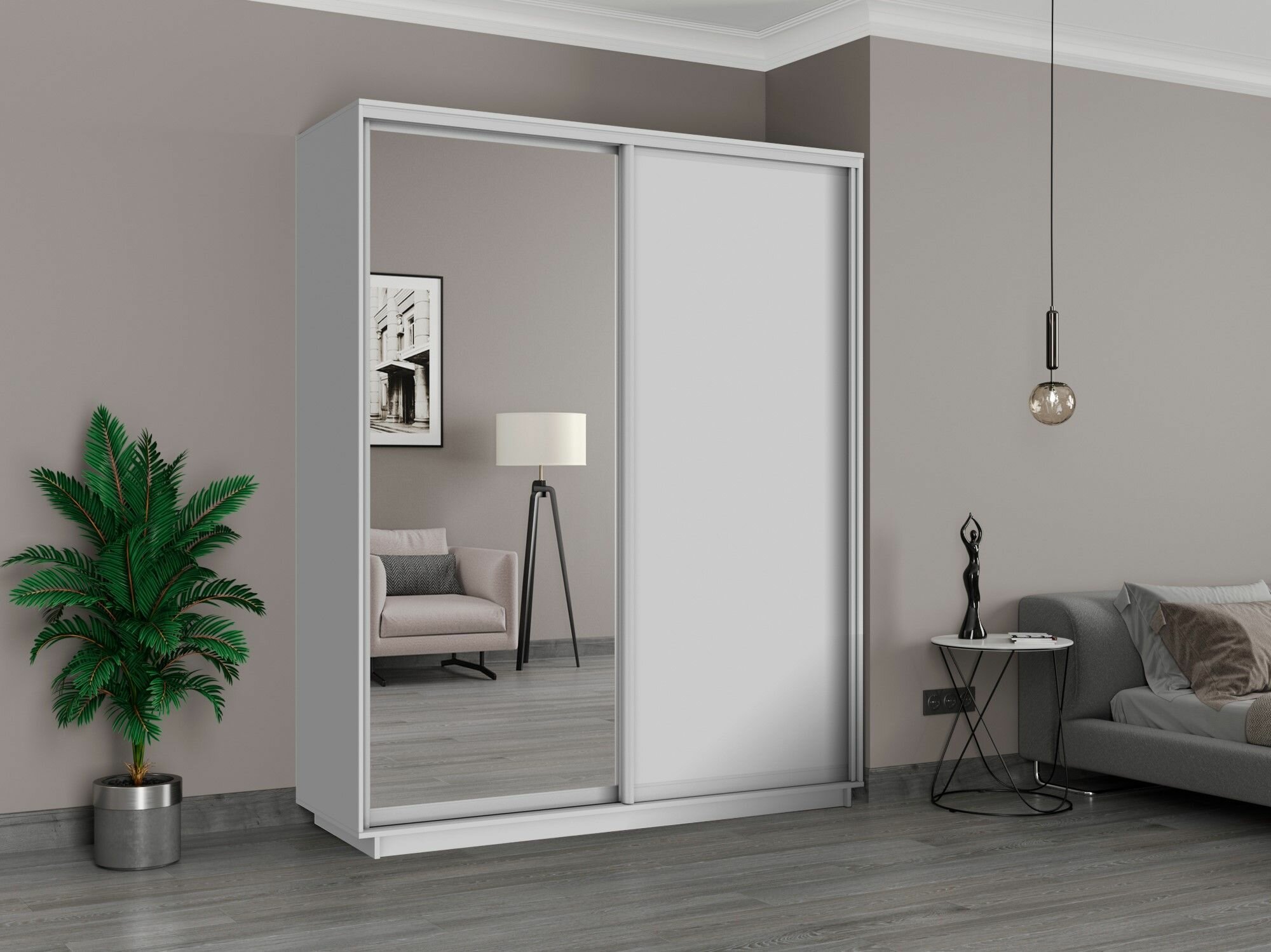 Шкаф купе Вилли 2-х дверный ЛДСП с зеркалом, профиль серебро 180 см х 220 см х 45 см (Белый снег)