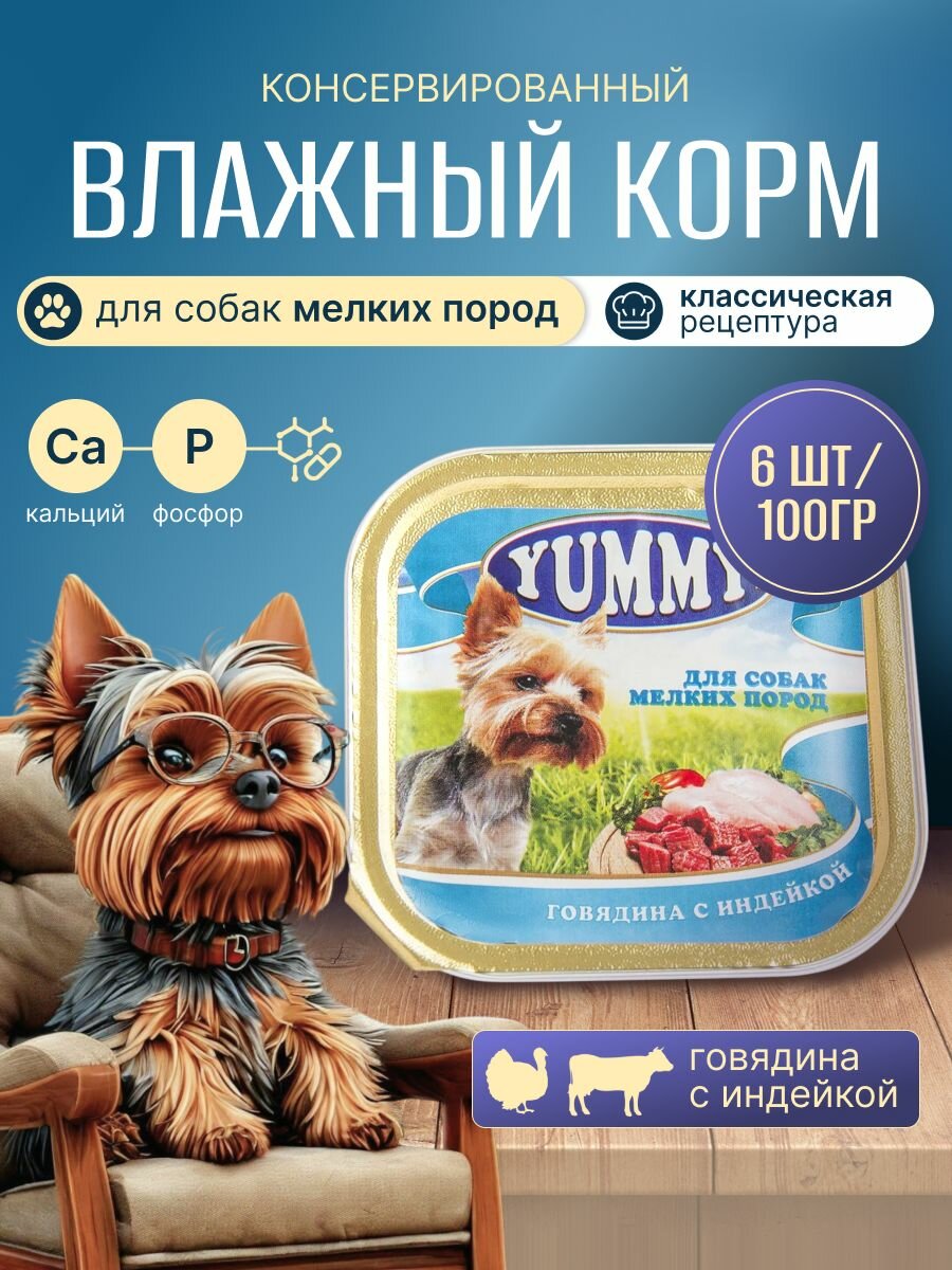 Yummy Влажный корм для собак мелких пород, с говядиной и индейкой, 100 гр. * 6 шт.