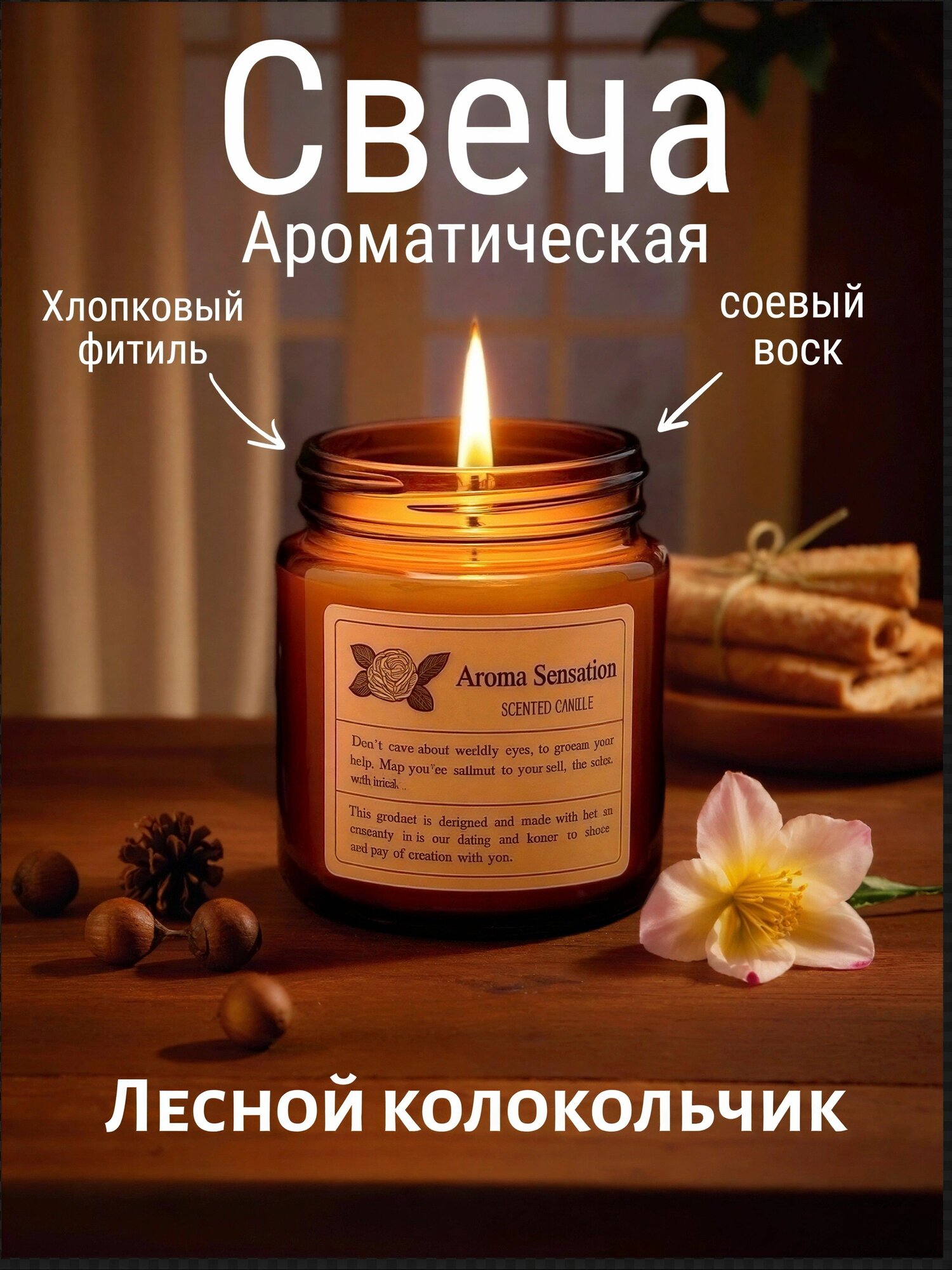 Свеча в стеклянной банке "Дикий колокольчик", ароматическая, соевый воск, хлопок, 120 мл