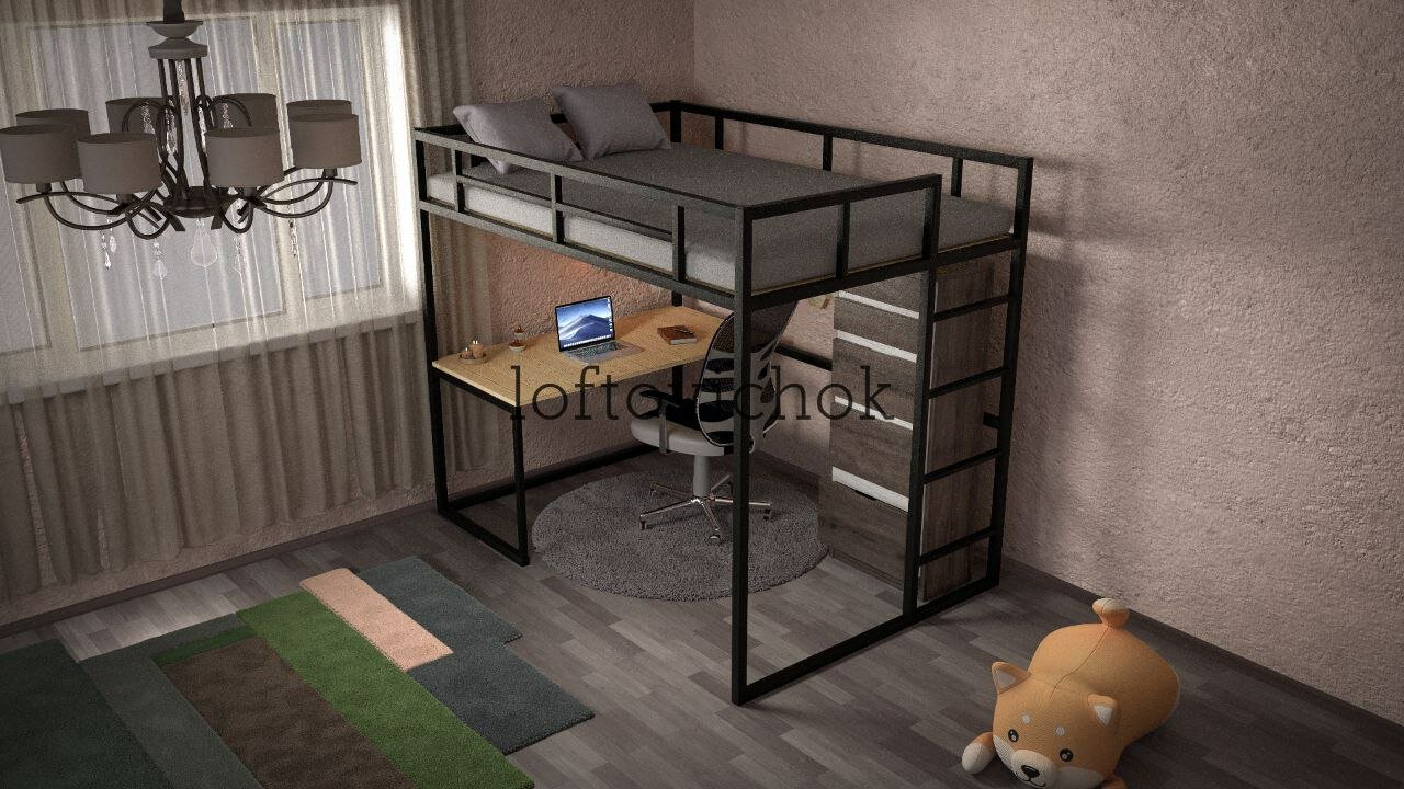 Кровать-чердак с столом "Stella", лофт, металл, 120x190x200 см, черная