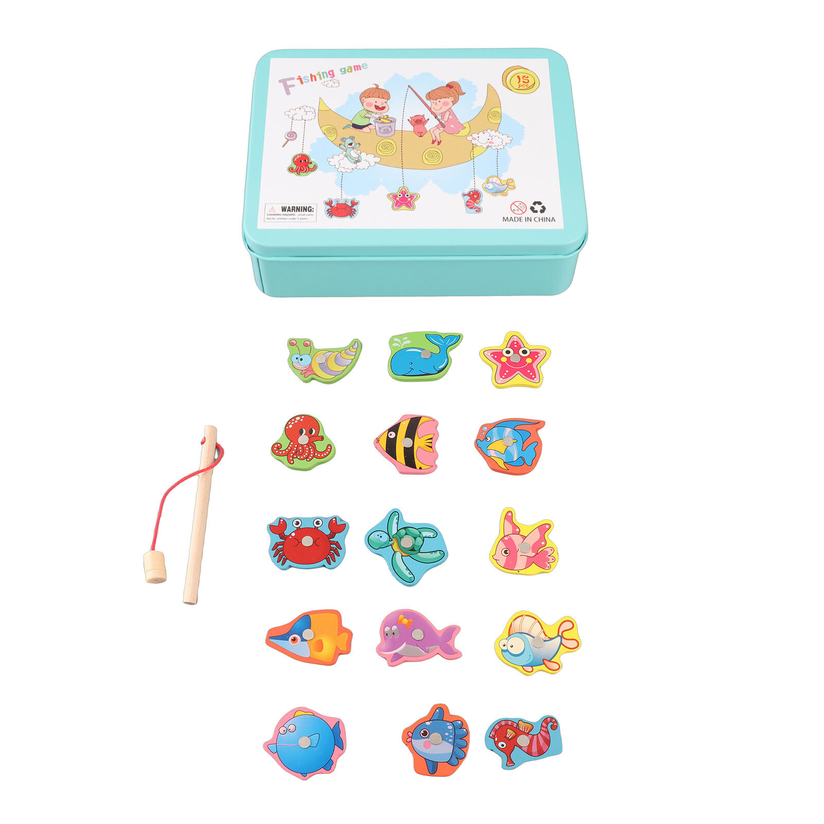Магнитная рыболовная игра, изящная яркая деревянная рыбка, игрушка для малышей, в металлической коробке, подарок.