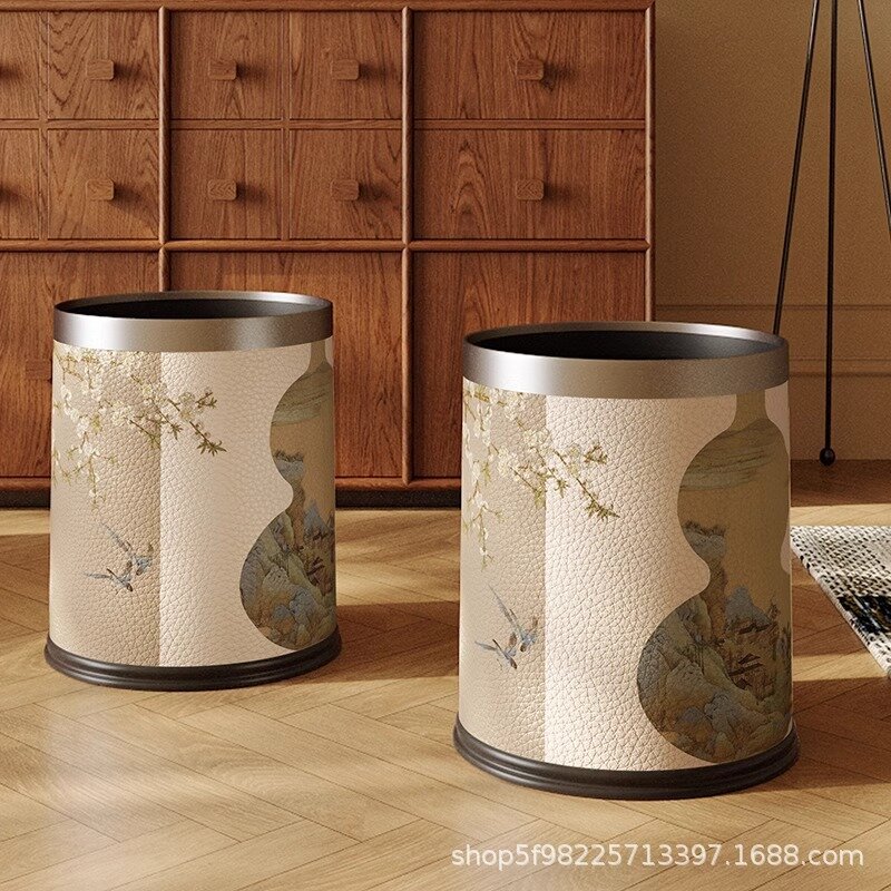Кожаная мусорная корзина, высокая эстетика, для дома, гостиной, большая вместимость, спальня, высококачественная легкая роскошь, кухонная урна, двухслойная, без крышки