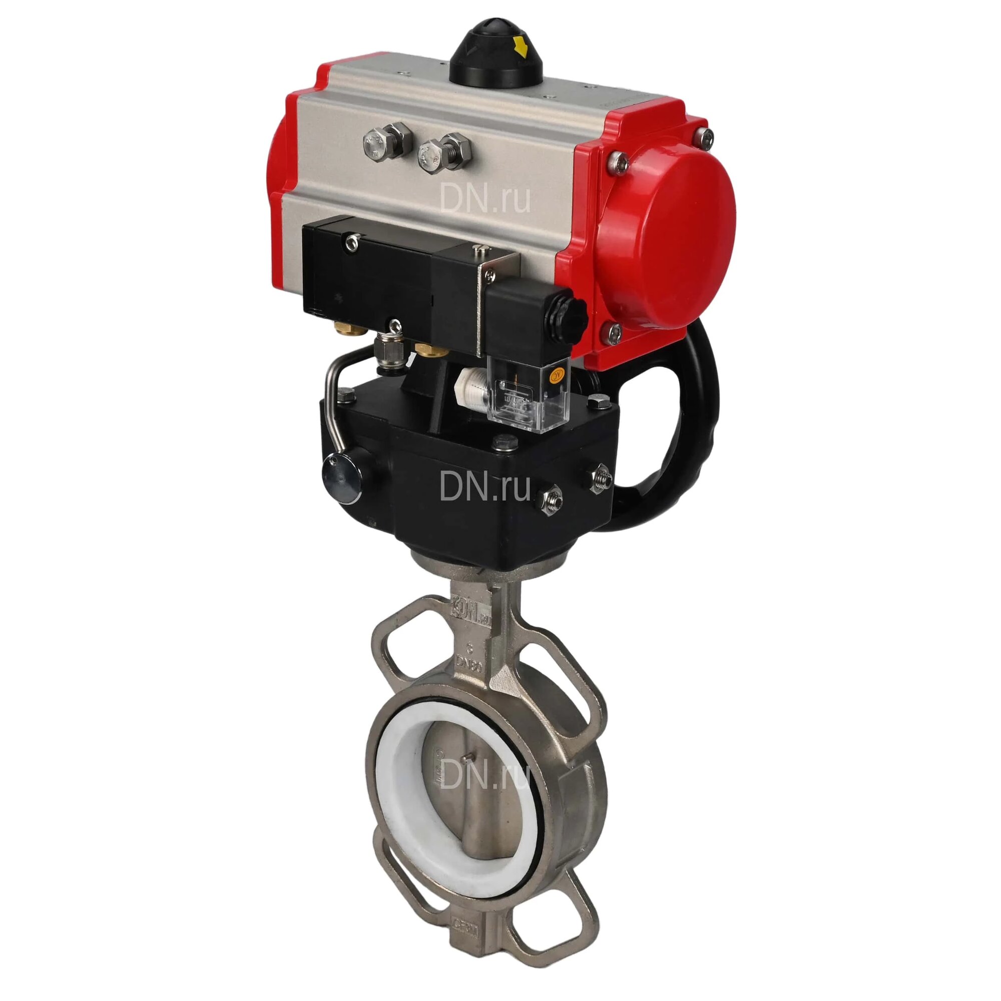 Затвор дисковый поворотный DN. ru 304-304-PTFE-2W-Fb-H Ду50 Ру16, корпус - нержавеющая сталь 304, диск - нержавеющая сталь 304, PTFE, с пневмоприводом DA-065, пневмораспределителем PND2-S1EM-52-1NC-J08-220VAC и ручным дублером HDM-1