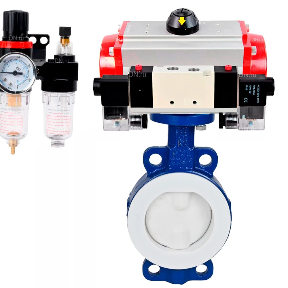 Затвор дисковый поворотный DN.ru WCB-WCB-PTFE-PTFE-Fb-R Ду250 Ру16 корпус углеродистая сталь WCB, диск углеродистая сталь WCB, футерованный PTFE, уплотнение PTFE, с пневмоприводом DA-130, пневмораспределителем PND1-S2EM-52-2-T10-220VAC и БПВ APU1-10-40-V08