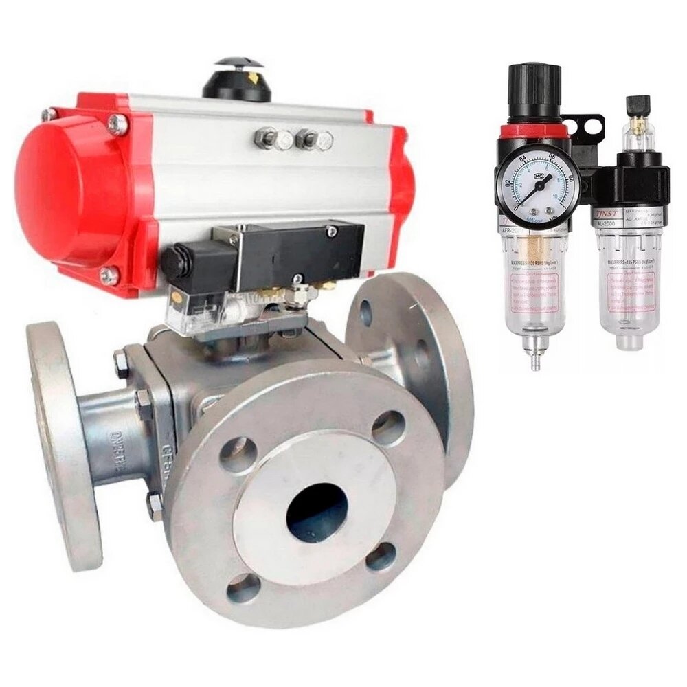 Кран шаровой DN.ru 316-316-PTFE Ду50 Ру16 полнопроходной, тип L, фланцевый, корпус нержавеющая сталь SS316, ISO-фланец F07/F10 квадрат 17х17, с пневмоприводом SA-105 с возвратными пружинами, пневмораспределителем 220VAC и БПВ APU1-10-40-V08