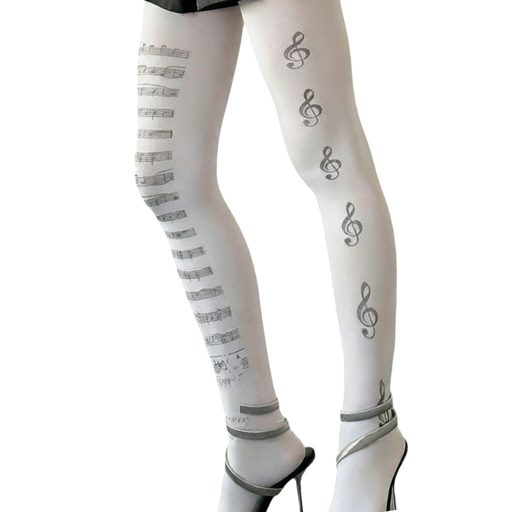 Women Girls Asymmetrical Musical Note Patterned Pantyhose Stockings Opaque White Tights Piano Leggings Hosiery