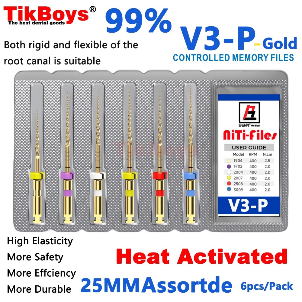 Стоматологические файлы TikBoys V3-P Gold 6 шт. 25 мм
