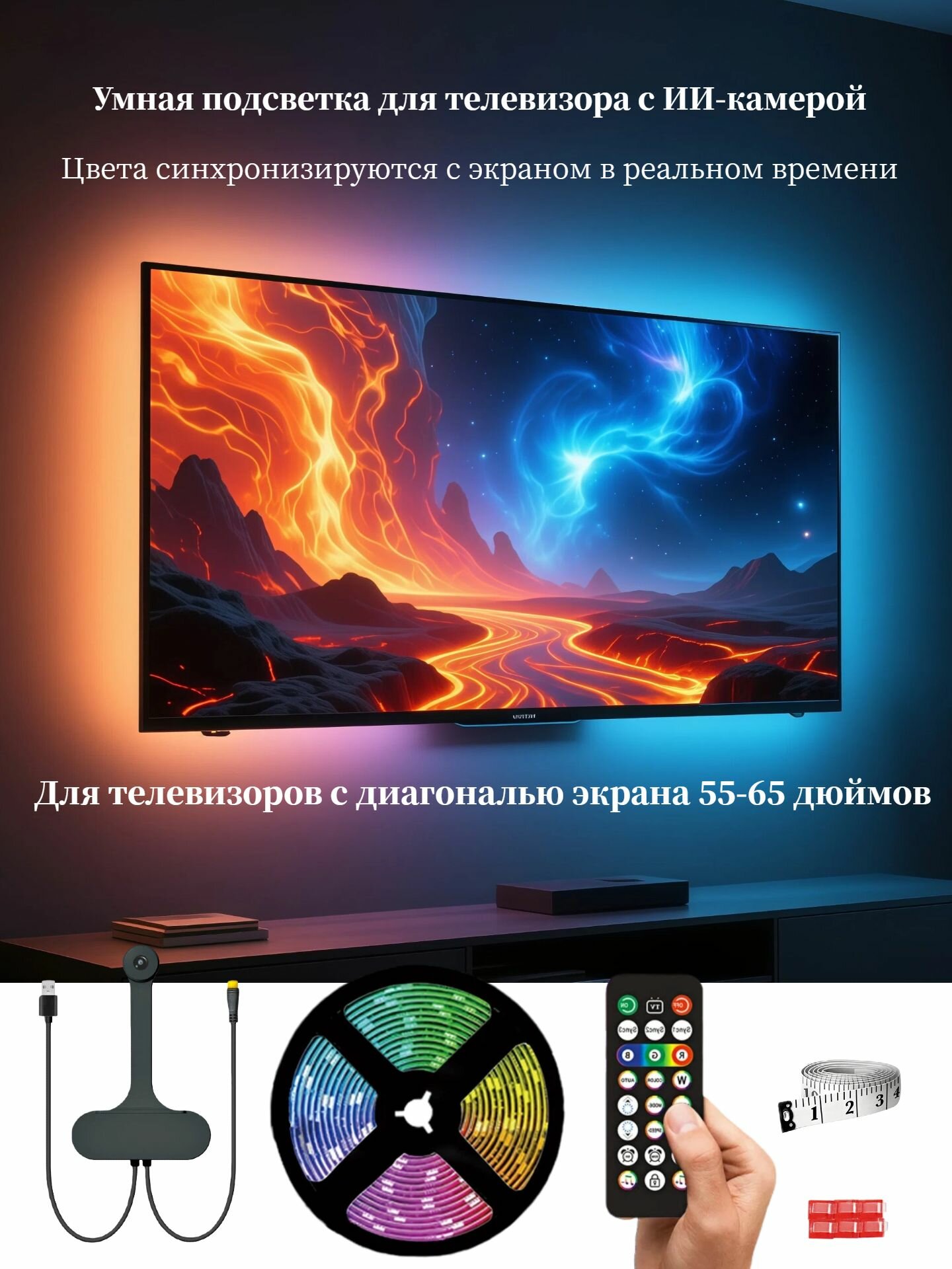 Умная LED подсветка для телевизора AI Sync M2 Амбиентный свет с AI-синхронизацией цветов, 3 Мп сенсор, пульт 2.4ГГц, USB, IP65, Для телевизоров с диагональю экрана 55-65 дюймов.