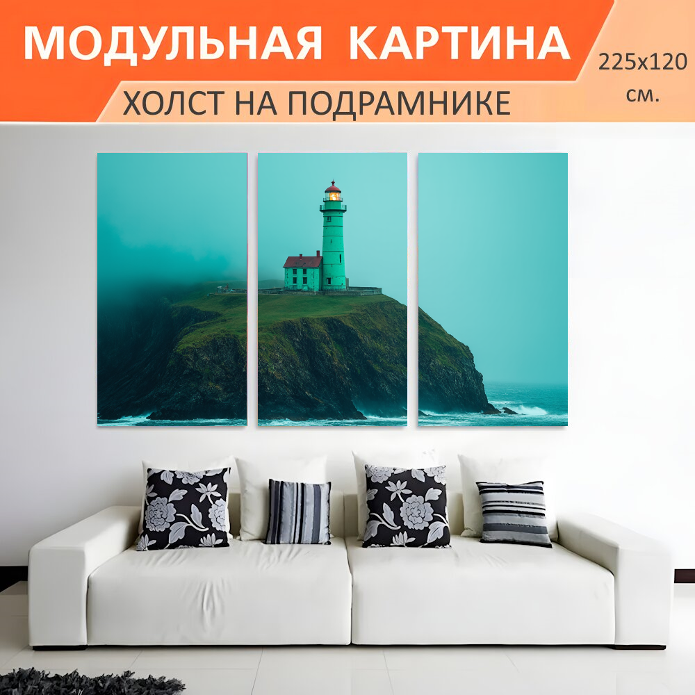 Модульная картина на холсте "Мятный цвет, на которых изображен старинный маяк на скале, утопающей в тумане. свет маяка пробивается." триптих на подрамнике 225х120 см. для интерьера