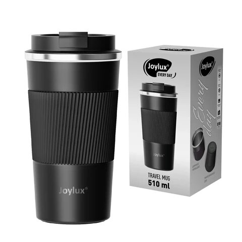 Термокружка 510 мл JOYLUX (джойлюкс) EVERY DAY, нержавеющая сталь SUS304, силиконовый рукав, черный матовый, 700292