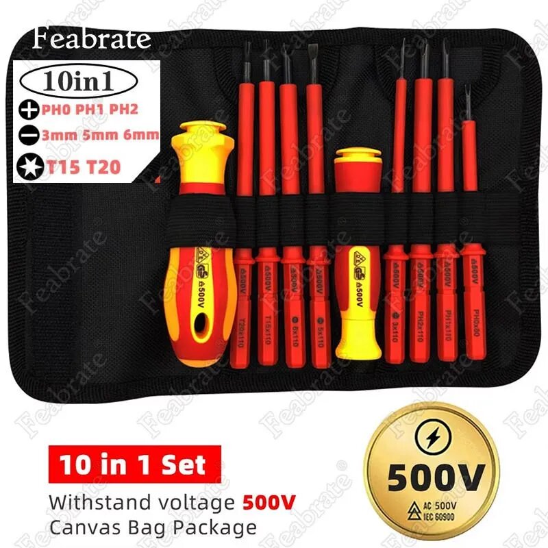 Набор изолированных отверток Feabrate, 10 шт, 500В, PH0-PH2, SL3-SL6, T15-T20