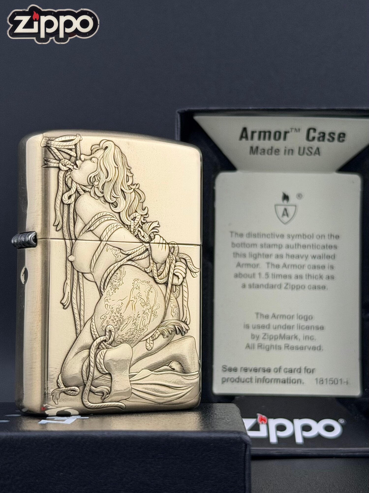 Зажигалка Zippo Armor с гравировкой “Shibari Girl” — оригинал, бензиновая, коллекционная