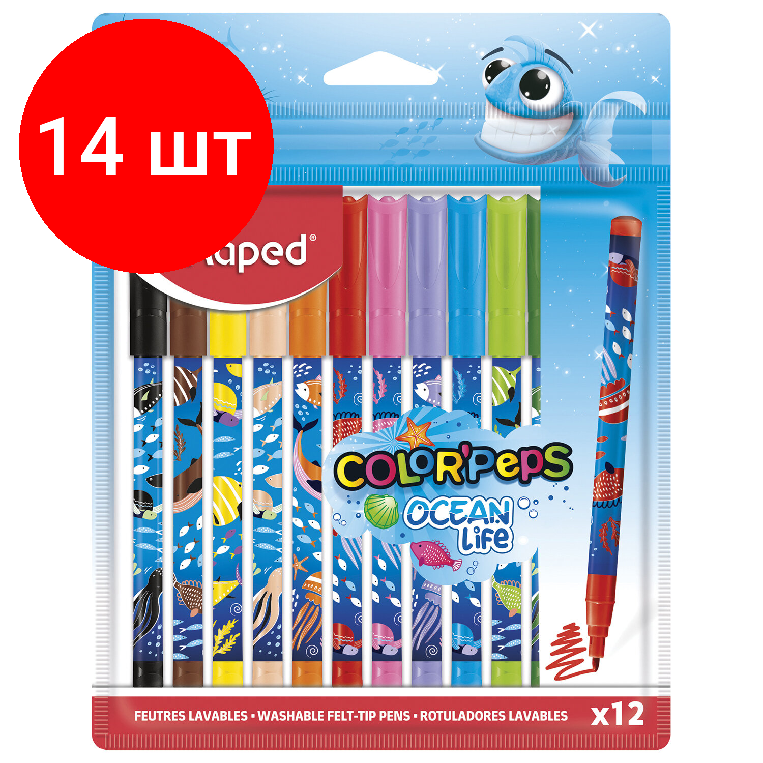 Комплект 14 шт, Фломастеры MAPED COLOR'PEPS "Ocean Life", 12 цветов, смываемые, вентилируемый колпачок, 845701