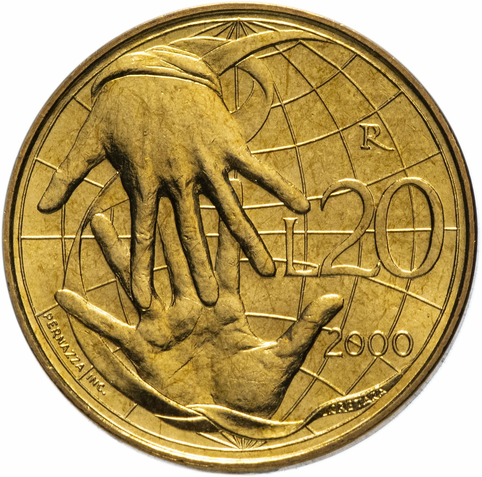 Сан-Марино 20 лир 2000 Солидарность, Латунь, в сохранности UNC