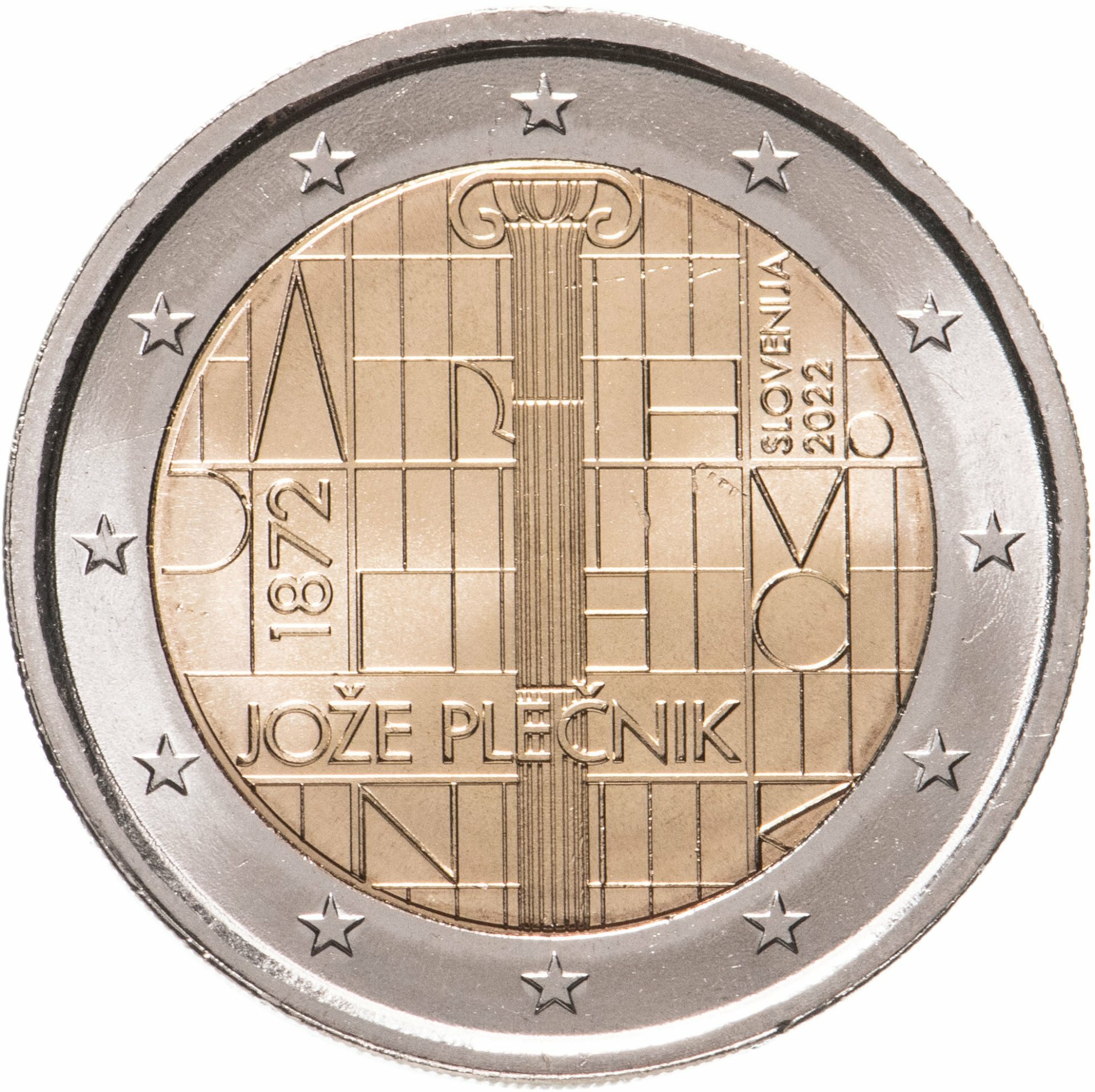 Словения 2 евро 2022 150 лет со дня рождения Йоже Плечника, Биметалл, в сохранности UNC